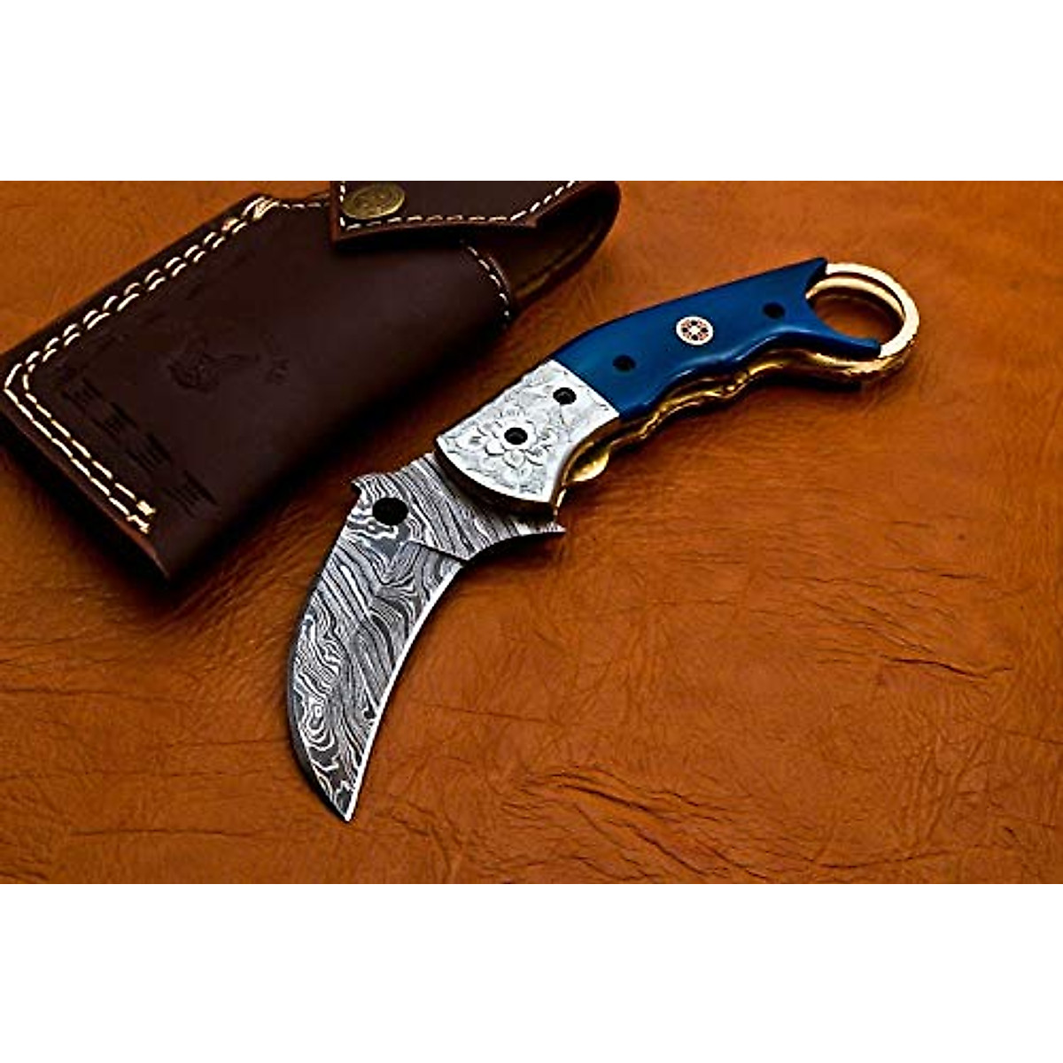 8.5" Handmade Damascus Folding Pocket Knife Karambit Knife Hunting Knife Handle Camel Bone Handmade Damascus Steel with Leather Sheath B50