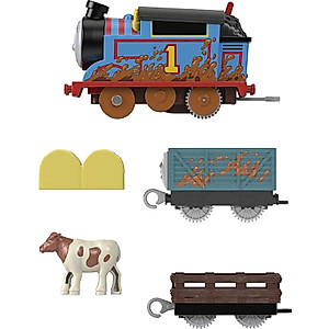Thomas & Friends Motorized Toy Train Muddy Thomas Engine with Cargo Cars & Cow for Preschool Pretend Play Kids Ages 3+ Years