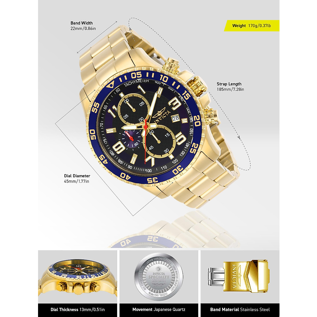 Invicta Men's 14878 Specialty Chronograph Dark Blue Textured Dial Gold Ion-Plated Stainless Steel Watch