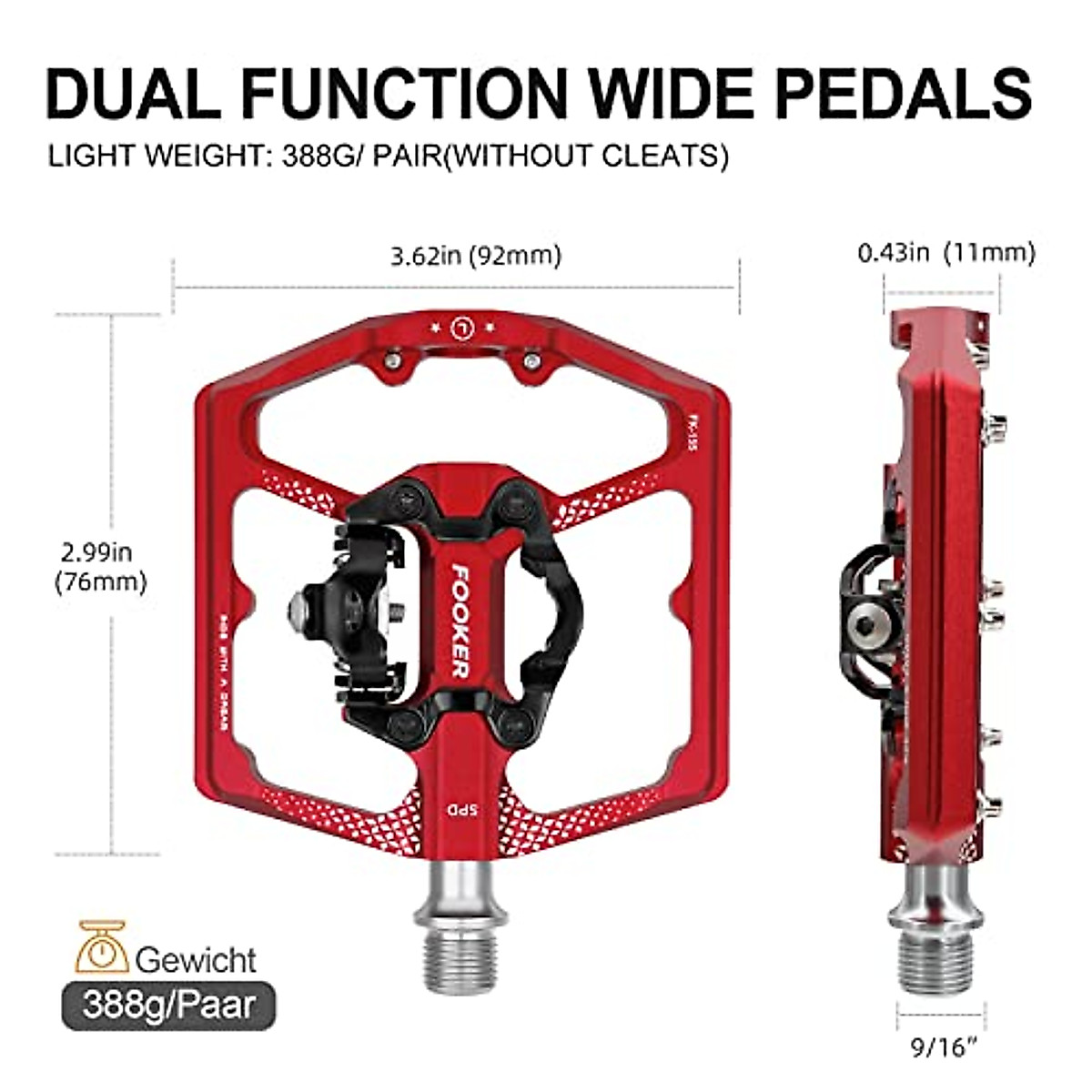 FOOKER MTB Mountain Bike Pedals, Dual Function Flat and Pedal,3 Sealed Bearing Flat Platform Compatible with Clipless Pedal Aluminum 9/16" Pedals with Cleats for Road Mountain BMX MTB