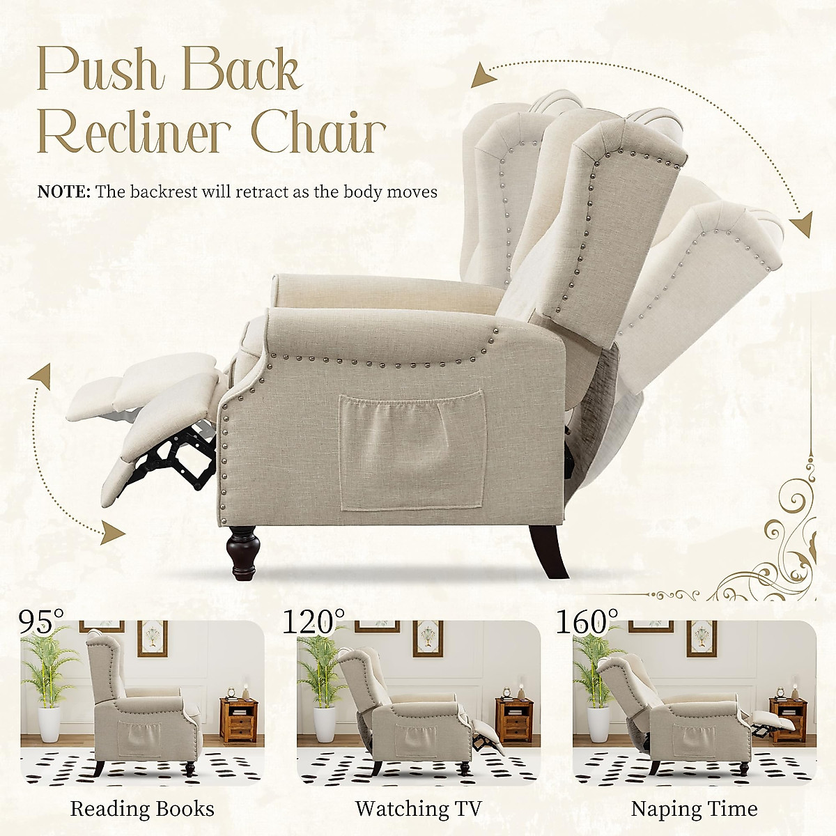 Pushback Recliner Chair, Fabric Armchair Small Recliners Home Theater Seating, Adjustable Modern Reclining Chair for Adults in Living Room (Linen, Beige)