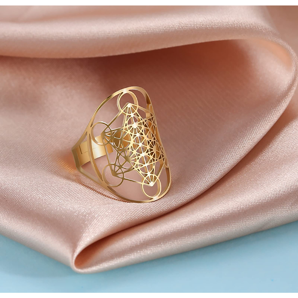 SIPURIS Metatron Cube Ring for Men Women Magic Men's Archangel Adjustable Finger Rings Signet Ring Band Stainless Steel Sacred Geometry Hexagram Protection Amulet Ring Statement Band (Gold)