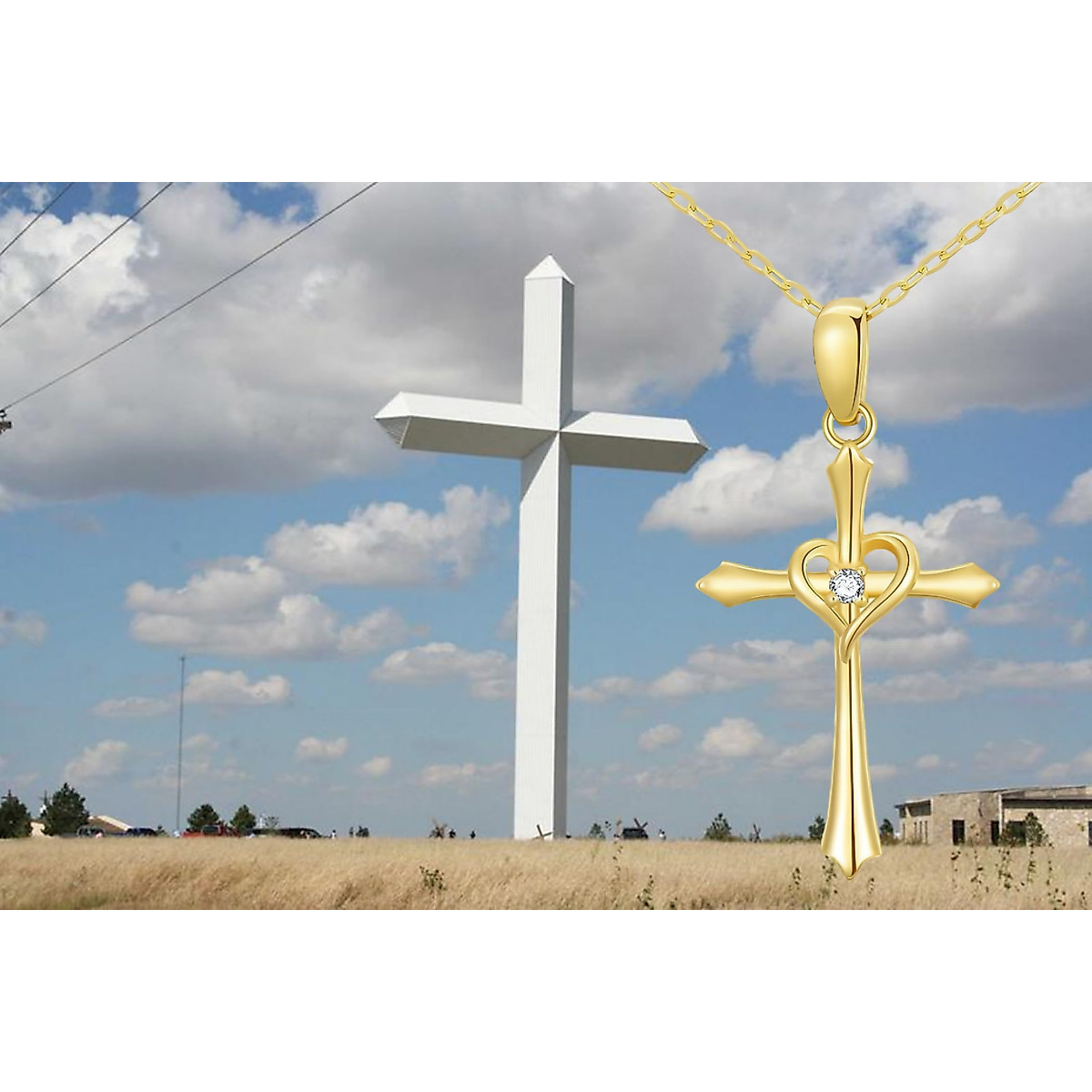 YDD 14K Solid Gold Cross Necklace for Women Heart Necklace Cross Chain for Her, Mom, Wife 16"-18"