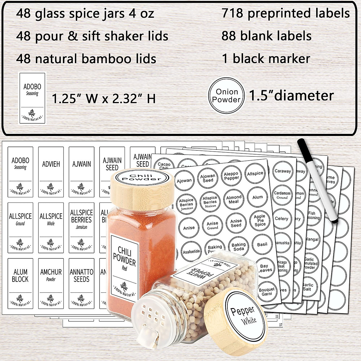 SWOMMOLY 48 Glass Spice Jars with 806 White Spice Labels, Square Spice Bottles 4 oz Empty Spice Containers with Bamboo Lids, Chalk Marker and Funnel Complete Set.