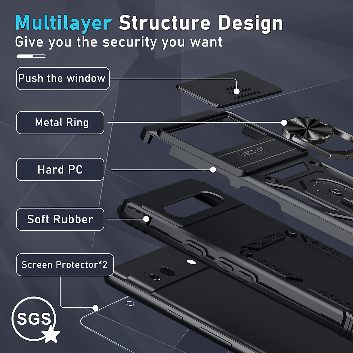 Janmitta Google Pixel 7a Case Built in Slide Camera Lens Cover+Screen Protector [2 Pcs]+Finger Ring Holder Kickstand,Heavy Duty Shockproof Full Body Protective Cover,2023 Black