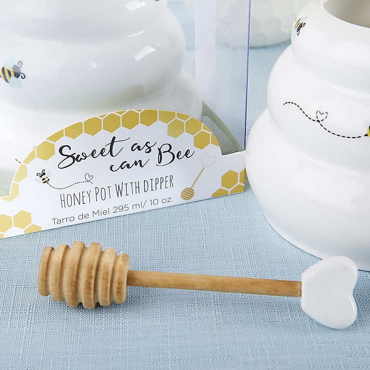 Kate Aspen Sweet as Can Bee Ceramic Large Honey Pot with Wooden Honey Dipper (10 oz), Kitchen Decor, Bumblebee Baby Shower Prize, Take Home Gift, Bee Decorations