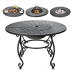 Giantex Fire Pit Table 4-in-1 Outdoor Dining Table, 36 Inch Multifunctional Metal Round Patio Table, Wood Burning Fire Pits with Cover, Grill Grate, Poker for Garden, Poolside, Backyard Fireplace