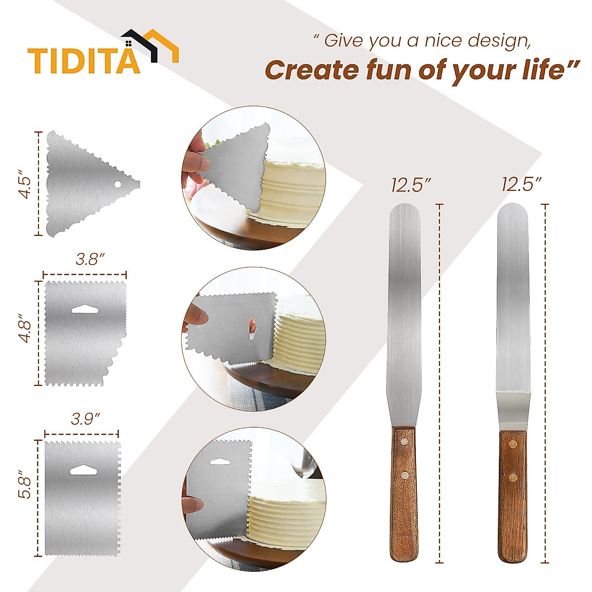 13" Acacia Cake Stand Rotating – Rustic Wood Pedestal Stands Turntable with 2 Icing Spatulas, 3 Smoothers – Wooden Spinning Cake Decorating Serving for Cupcake Dessert Display in Party, Wedding