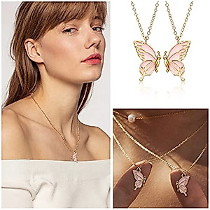 LASPERAL Butterfly Friendship Necklace BFF Necklaces for 2 Girls Best Friend Matching Necklaces Set with 4 Adjustable Woven Bracelets, Long Distance BFF Necklace Charm Friendship Jewelry for Womens