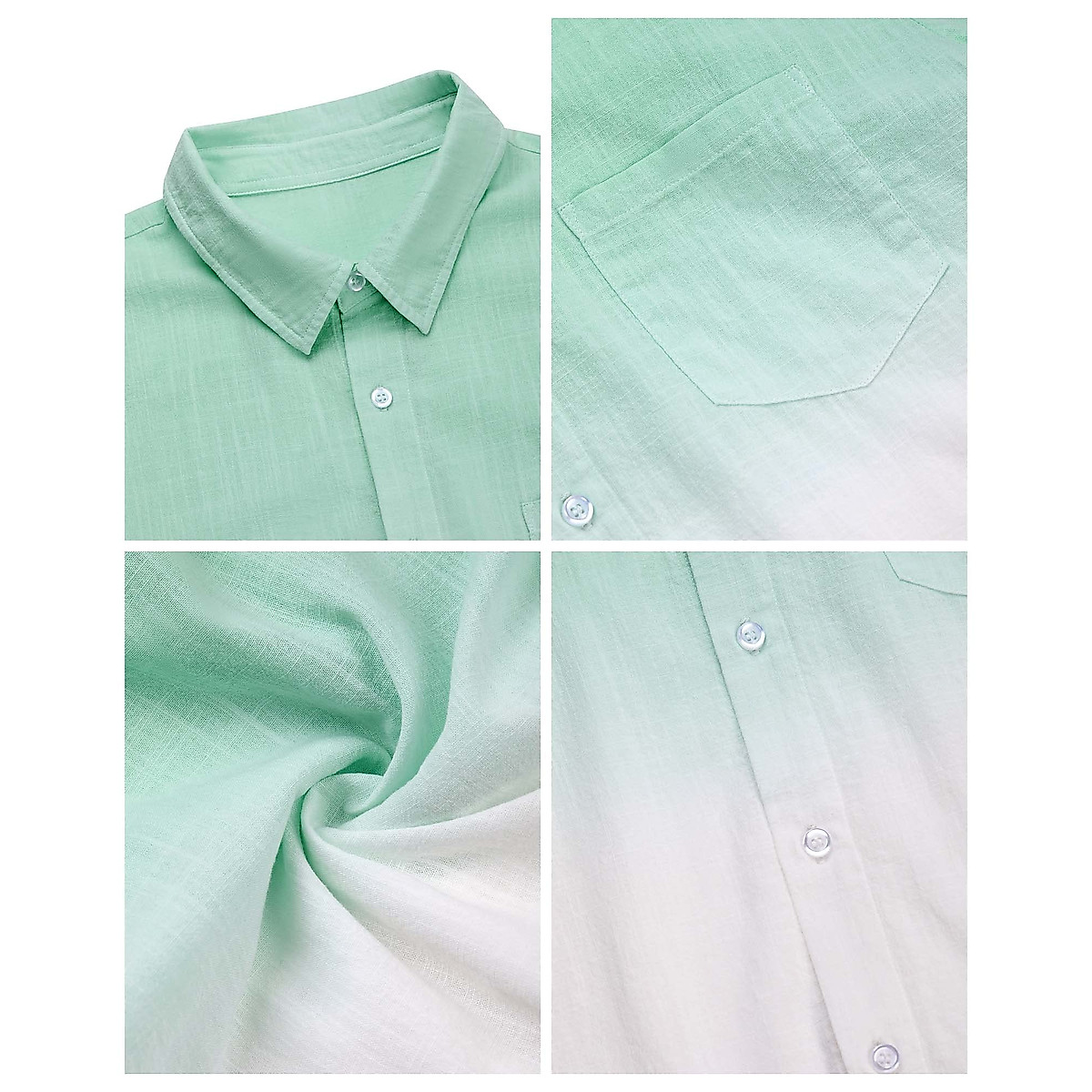 Mens Gradient Linen Shirts Casual Button Down Short Sleeve Beach Hippie Shirts Mint Green