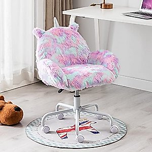 Guyou Children Study Desk Chair Height Adjustable Swivel Chair with Armrests Computer Chair for Kids, Rainbow Faux Fur Soft Fluffy Shaggy Dog