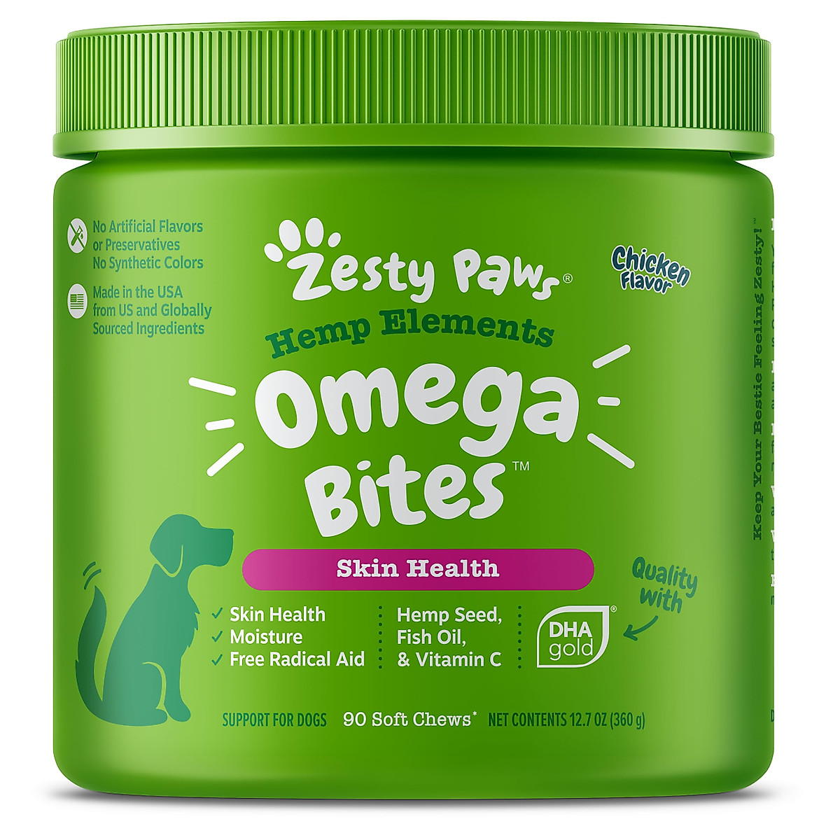 Zesty Paws Skin & Coat Bites for Dogs – Fish Oil Soft Chews with Omega-3 Fatty Acids EPA & DHA - Skin, Coat, Antioxidant & Immune Support - Hemp - 90 Count