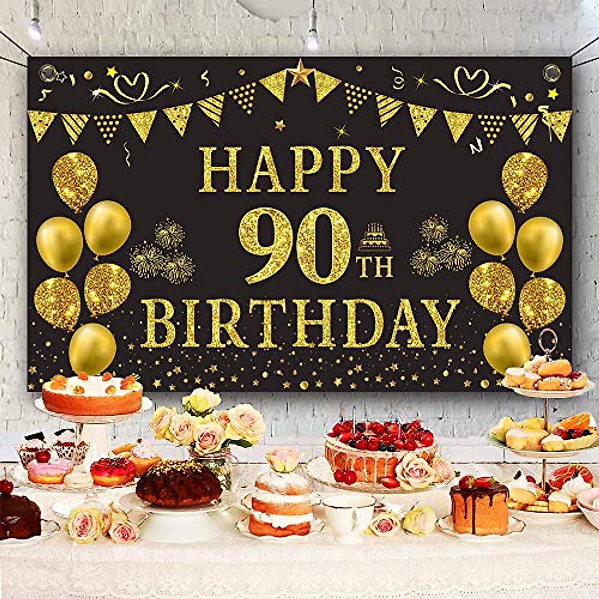 Trgowaul 90th Birthday Backdrop Gold and Black 5.9 X 3.6 Fts Happy Birthday Party Decorations Banner for Women Men Photography Supplies Background Happy Birthday Decoration
