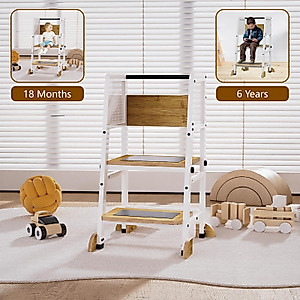 YAKANJ Toddler Standing Tower,Toddler Kitchen Stool Helper,Step Stool for Toddler Kids,Wooden Standing Tower with Adjustable Height,Anti-Slip Protection,Safety Belt-Wood