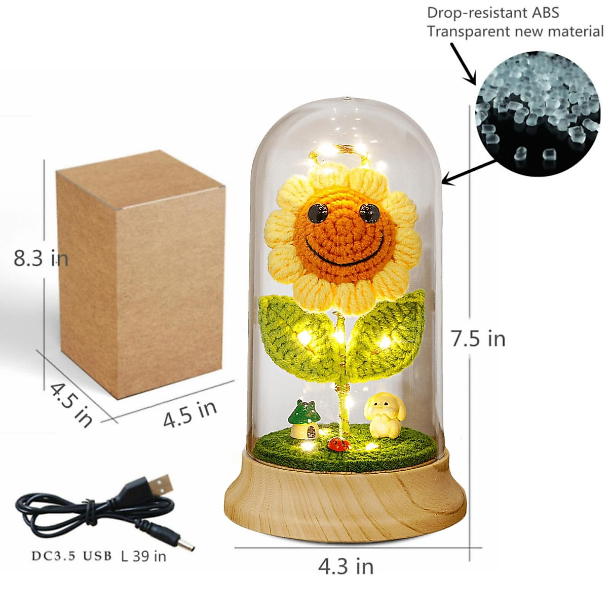 Levvohd Crochet Sunflower Gifts for Women, Artificial Sun Flower Birthday Gifts for Grandma, in Plastic Dome Sunflower, for Her Mom Mothers Day Christmas Day Gifts (B - Sunflower 4.3 in X 7.5 in)