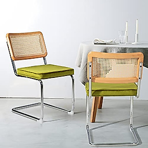 MeetLeisure Rattan Dining Chair Set of 2, Mid-Century Modern Chairs with Metal Chrome Legs, Armless Cane Back Chairs with Upholstered Cushion for Home Kitchen Dining Room, Matcha Green