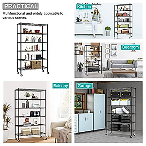 BLKMTY 6 Tier Wire Shelving Unit Adjustable Storage Shelves Metal Shelf with Wheels Wire Rack for Garage Basement Kitchen Racks 2100lbs Capacity Metal Pantry Shelves 48"x18"x82", Black