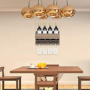 Kakivan Rustic Wall Mounted Wine Rack for 4 Red Wine Glasses Storage, Wooden Wine Bottle Holder for Farmhouse Kitchen Decor, Floating Wine Shelf Organizer for Living Room Display.