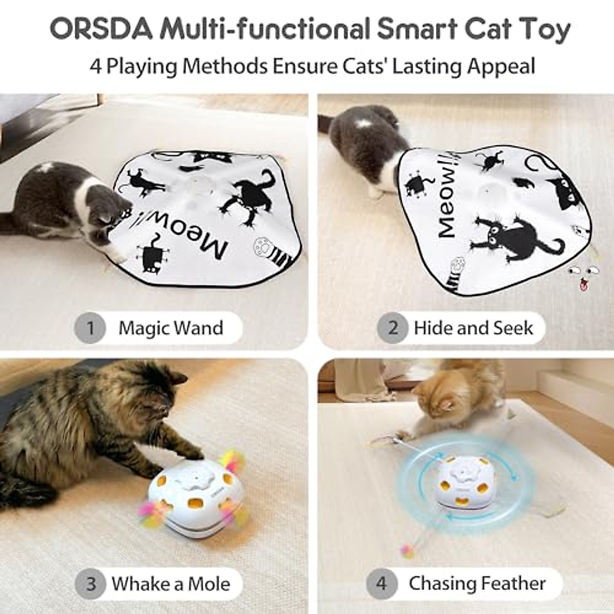 ORSDA Cat Toys Rechargeable, 4in 1 Interactive Automatic Indoor Cats Toy with 8 Holes Mice Whack-A-Mole, Hide and Seek Smart Motion Kitten Toys with 5Pcs DIY Replacement Refills