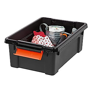 IRIS USA 3 Gallon Heavy-Duty Plastic Storage Bins, 5 Pack, Store-It-All Container Totes with Durable Lid and Secure Latching Buckles, Garage and Metal Rack Organizing, Black/Orange