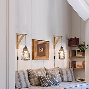 MUEOF Industrial Plug in Wall Sconce Set of 2, with 8.2ft Hemp Rope Cord, On/Off Switch,Farmhouse Wall Light with Metal Shade and Wood Bracket for Bedroom Living Room.