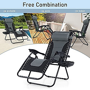 PHI VILLA Set of 2 Padded Zero Gravity Lounge Chair Folding Patio Recliner with Adjustable Headrest & Cup Holder, Support 350 LBS(Grey)