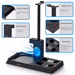 Vertical Cooling Stand for Xbox Series X, Dual Controller Charging Dock Station for Xbox Series X Cooler Cooling Fan with 2 Pack 1400mAh Rechargeable Batteries, 10 Games Storage and Headset Stand