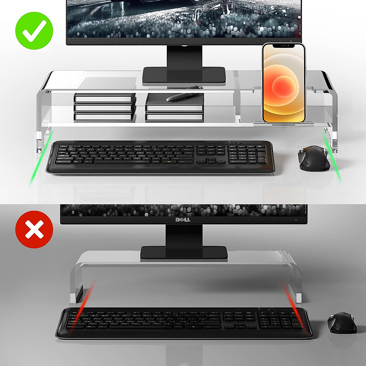 BEYGORM Acrylic Monitor Stand Riser, Wide 20", 2 Tier Computer Stand with Storage, Desk Organizer Desktop Printer Stand Laptop Storage Shelf Screen Holder with Phone Holder(Clear)