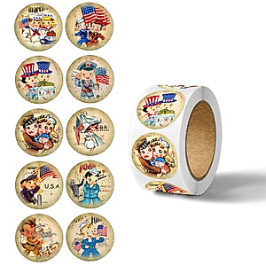 500Pcs 4th of July Decorations- Vintage 4th of July Party Stickers Roll,American Flag Round Labels Roll for Independence Day Decor and Patriotic Decor,US Flag Day Kids Party Decoration Party Supplies