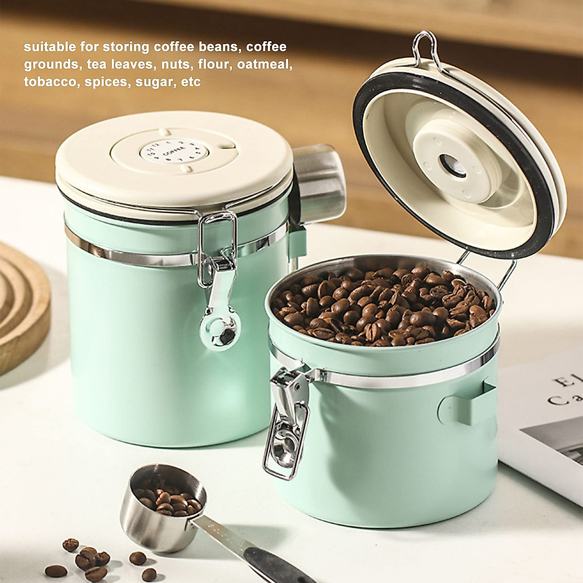 Stainless Steel Coffee Canister with Scoop, Vacuum Coffee Bean Storage Container for Ground Coffee, Whole Beans (1.5L)