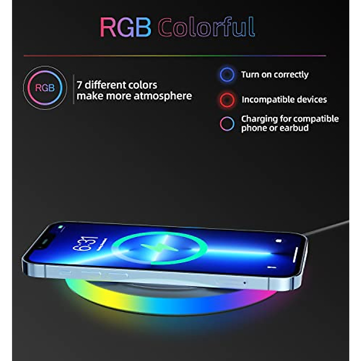 Wireless Charger Pad, 15W Max Fast RGB Wireless Charging Pad Compatible iPhone 14/14 Plus/14 Pro/14 Pro Max/13/13 Mini/SE 2022/12/11/X/8,Samsung Galaxy S22/S21/S20,AirPods 3 2 Pro(No AC Adapter) Black