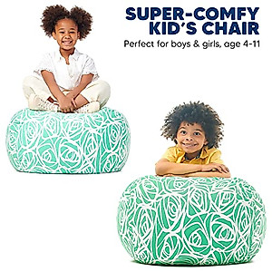 5 STARS UNITED Stuffed Animal Storage Bean Bag – Toy Storage Organizer and Bean Bag Chair for Kids Holds up to 90+ Plush Toys – Cotton Canvas Bags Cover for Boys and Girls Ages 4-11, Mint Roses