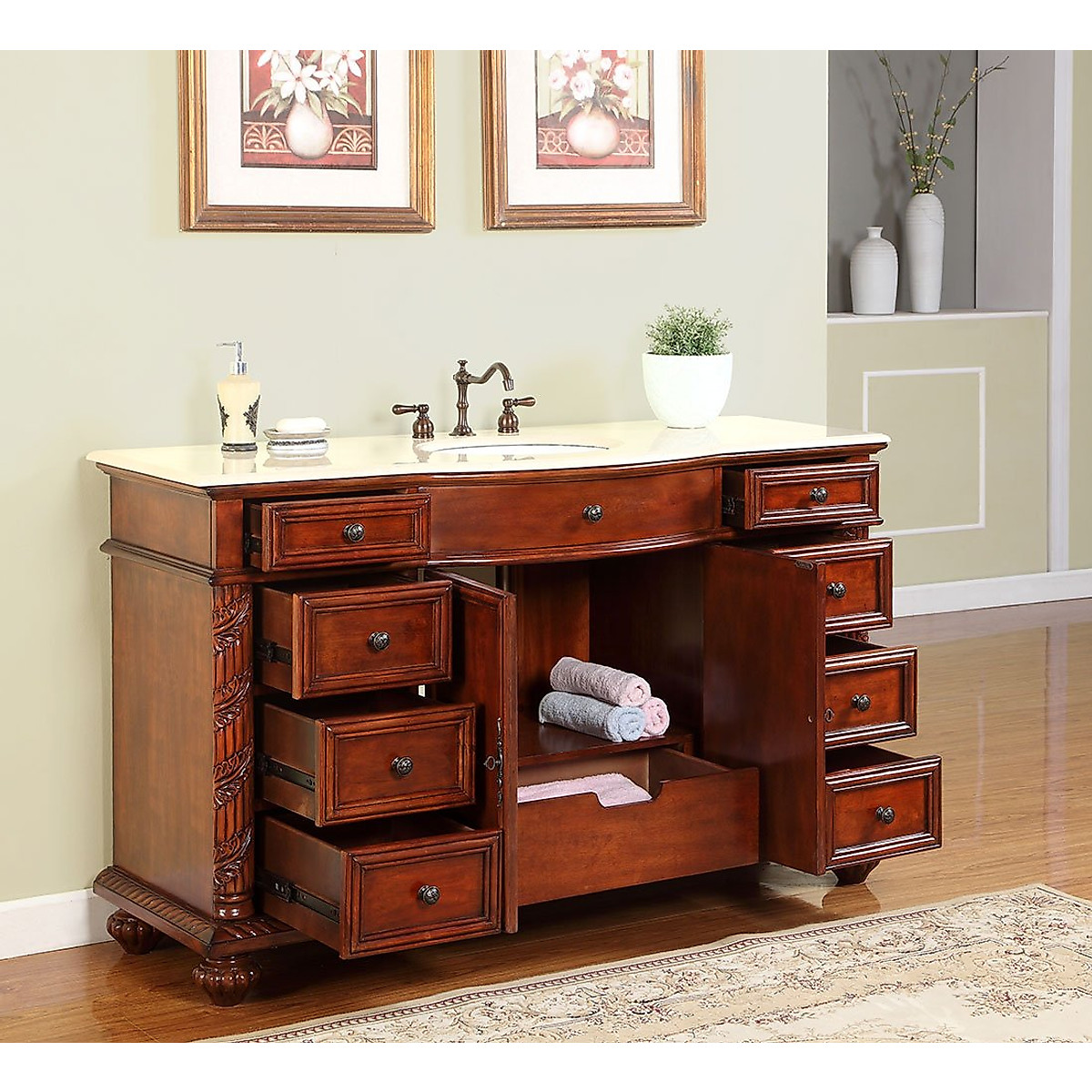 Silkroad Exclusive FS-0268-CM-UWC-60 Creamy Marble Stone Single Sink Bathroom Vanity with Furniture Cabinet, 60", Medium Wood