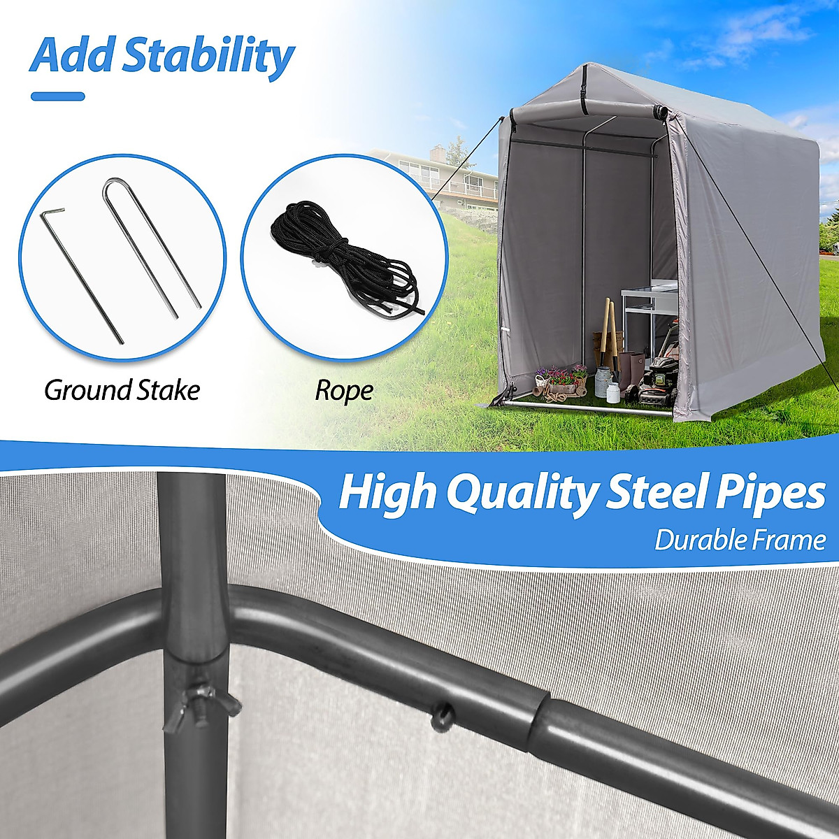 Raysfung 6 x 3Ft Outdoor Storage Shed Heavy Duty Portable Storage Shelter with Roll-up Zipper Door for Bike