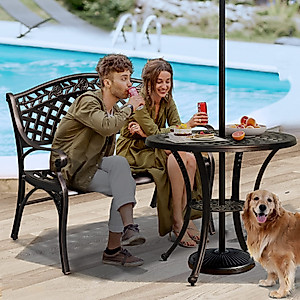 DWVO 2 Piece Outdoor Furniture Cast Aluminum Patio Dining Sets, 39.4 Inches Outdoor Patio Garden Bench, 30 Inches Round Table with Umbrella Hole, for Balcony Backyard Deck Garden Path Yard Lawn