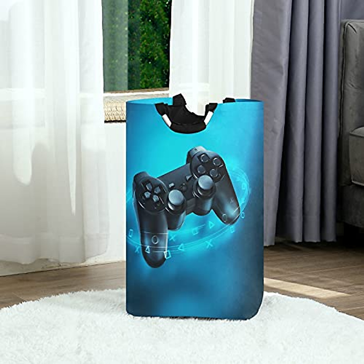 Poeticcity Video Game Controller and Blue Light on Blue Background Laundry Hamper Basket Bucket, Foldable Dirty Clothes Bag, Waterproof Fabric Washing Bin, Toy Storage with Handles for Bathroom