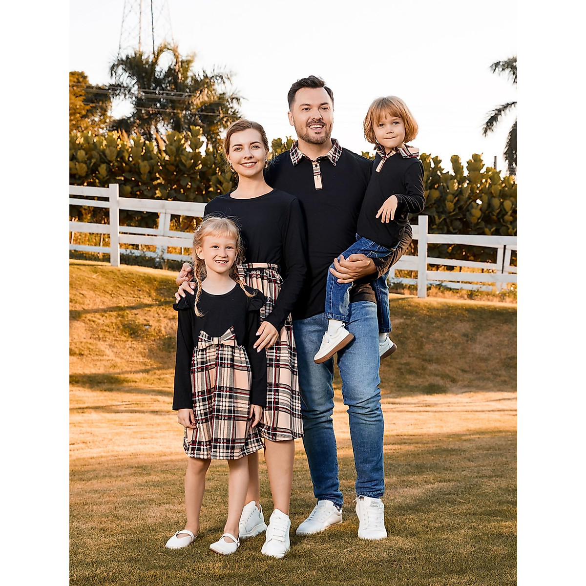 PATPAT Matching Family Outfits Mommy and Me Dresses Matching Set Mom and Daughter Matching Outfits Long Sleeve Patchwork Belted Dress and Button Down Plaid Shirts Khaki Buffalo Plaid Dress for Women M
