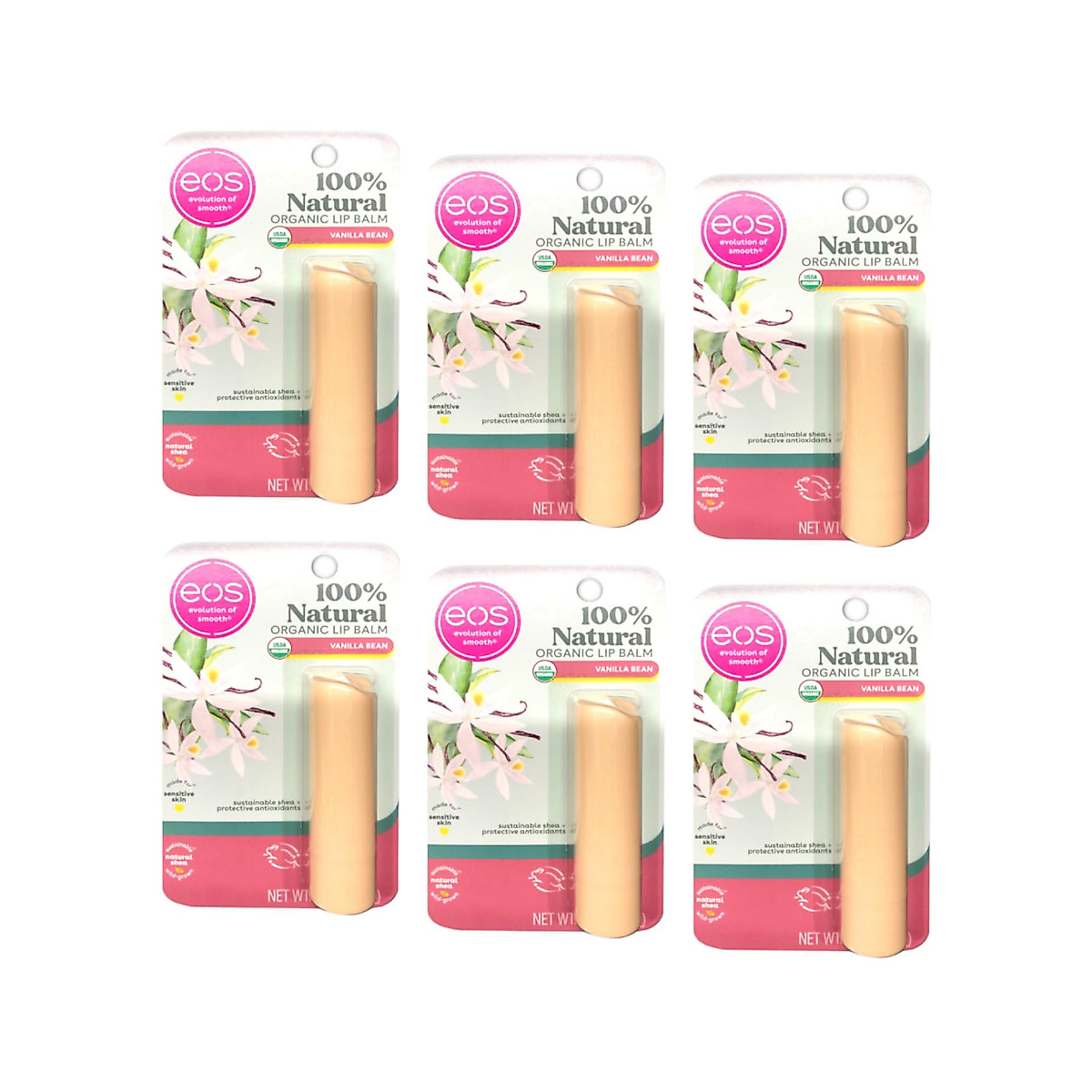 Eos Vanilla Bean Lip Balm Smooth Stick Set, White (Pack of 6)6