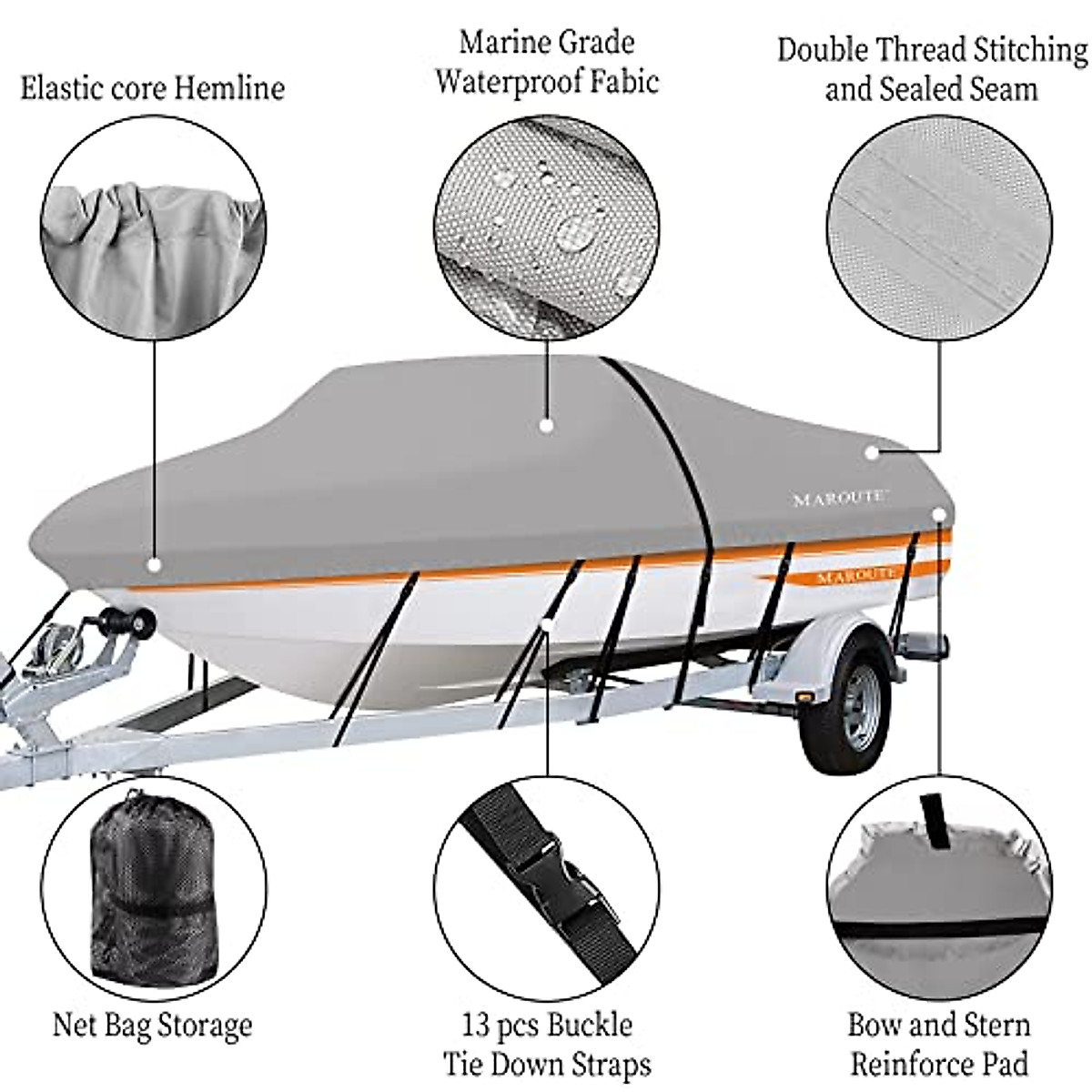 Boat Cover,GAOMON 420D Waterproof Trailerable Marine Grade Polyster Canvas Fits V-Hull, Tri-Hull Fishing Boat, Runabout, SKi Boat, Bass Boat (Gray, Length:17'-19' Beam Width: up to 96")