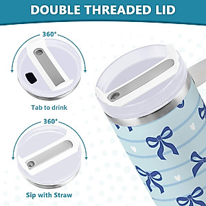 Bseiialft 40 oz Tumbler with Handle Blue Bow Heart Stripe Water Bottle with Lid and Straw Vacuum Insulated Cup Stainless Steel Travel Coffee Mug for Home Office Car