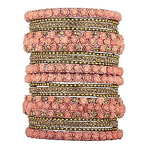 Aheli Ethnic Colorful Metal Bangles Chudha Set Stone Studded Bangle Set Indian Wedding Wear Fashion Jewelry for Women & Girls Peach