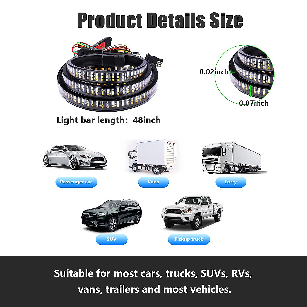 Kewucn Tailgate Light Bar 48" LED, IP65 Triple Row LED Strip with Red Running Brake White Reverse Red Turning Signals Lights, Universal Rear Light Bar for Pickup Trailer SUV RV Van (White&Yellow&Red)