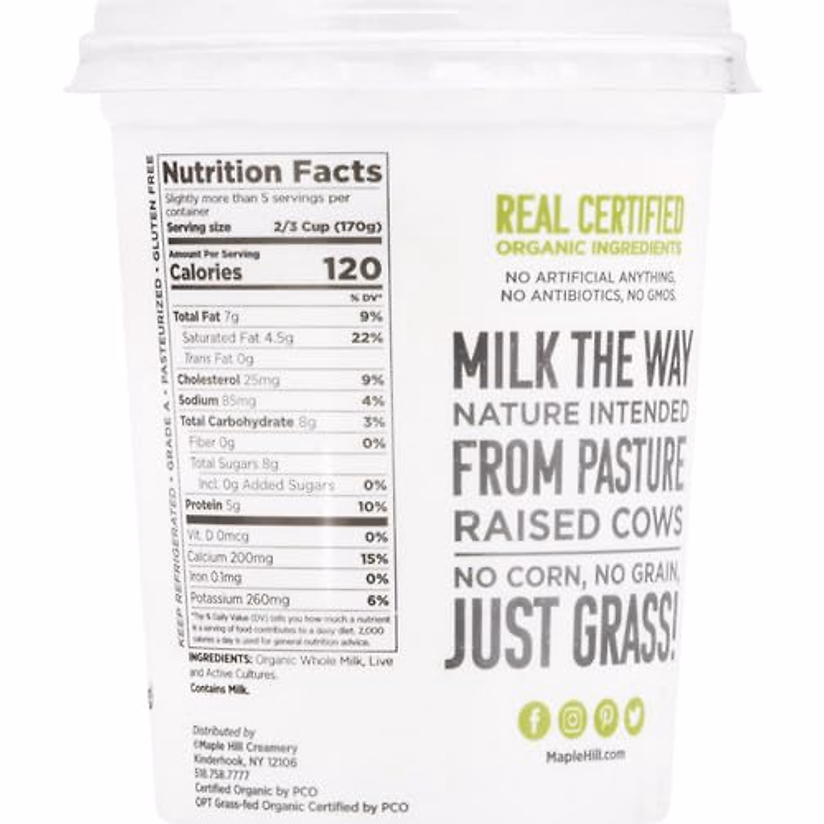 Maple Hill Creamery Organic Cream on Top Yogurt - USDA Organic Whole Milk Yogurt – Unsweetened No Sugar Added– 100% Certified Grass-Fed Yogurt, Plain, 32 oz