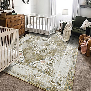 B BENRON Soft Living Room Rug 4x6, Brown, Thin Rugs for Bedroom, Floral Rug with Memory Foam, Low-Pile Area Rug Home Decor