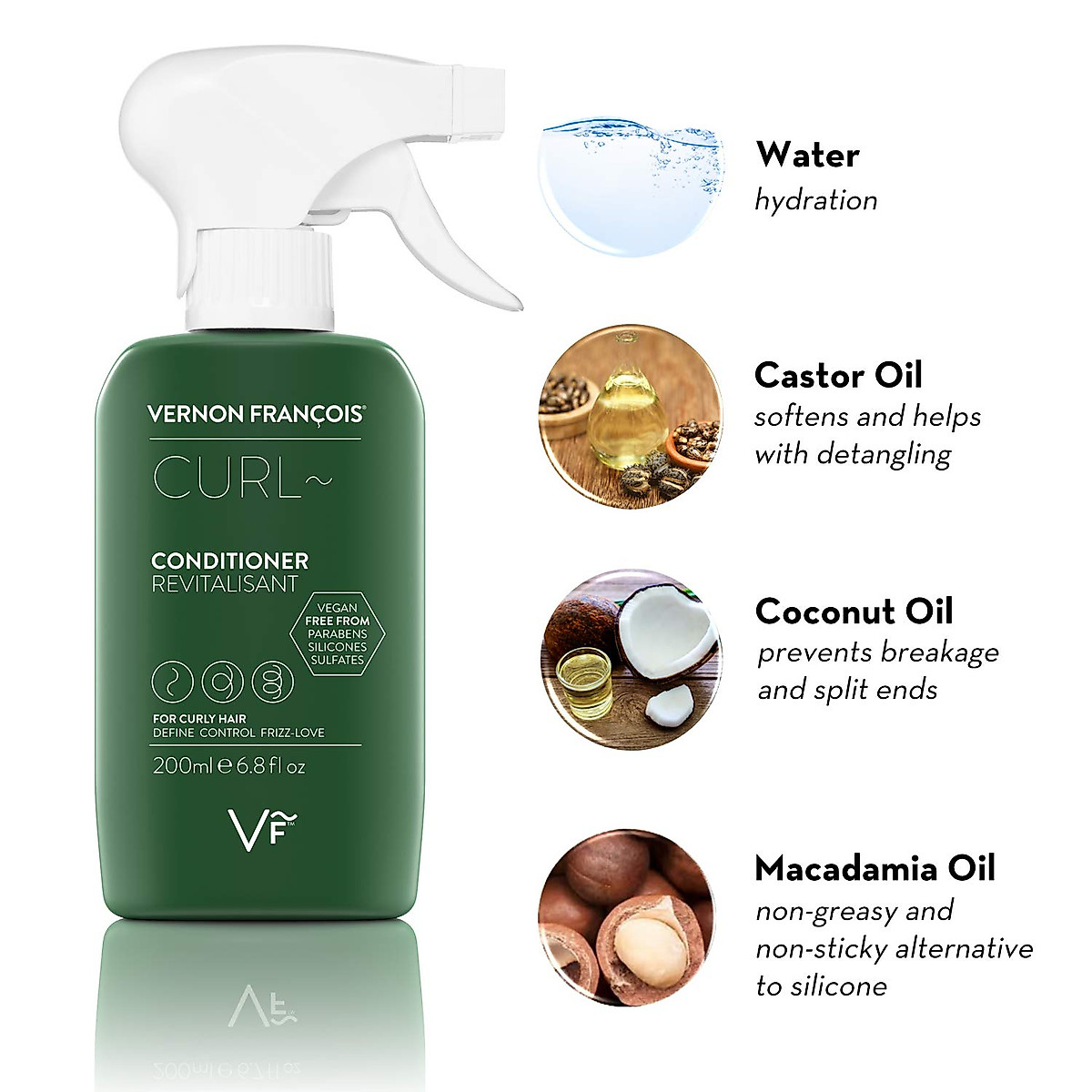 Vernon François Conditioner For Curly Hair - Natural Silicone Free Conditioner Spray with Coconut and Castor Oil Blend to Nourish Curls 6.8oz