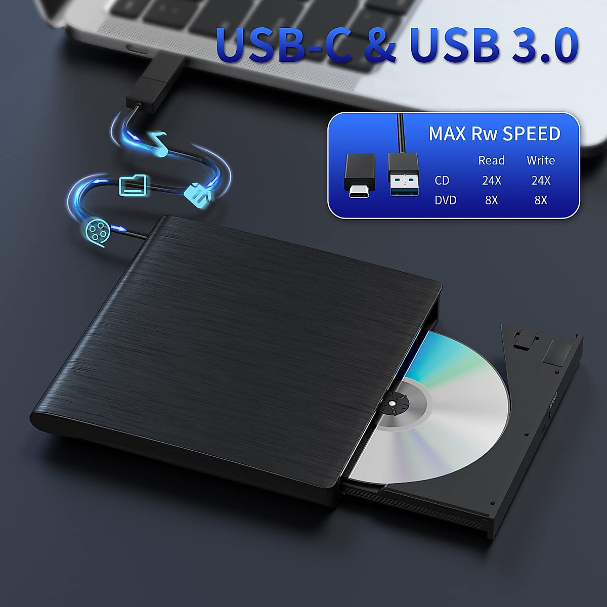 BILEYCHA External DVD Drive, USB 3.0 USB C CD Burner Portable DVD CD +-RW Drive DVD Player for Laptop CD ROM Burner Compatible with Desktop PC Windows Linux OS Apple Mac