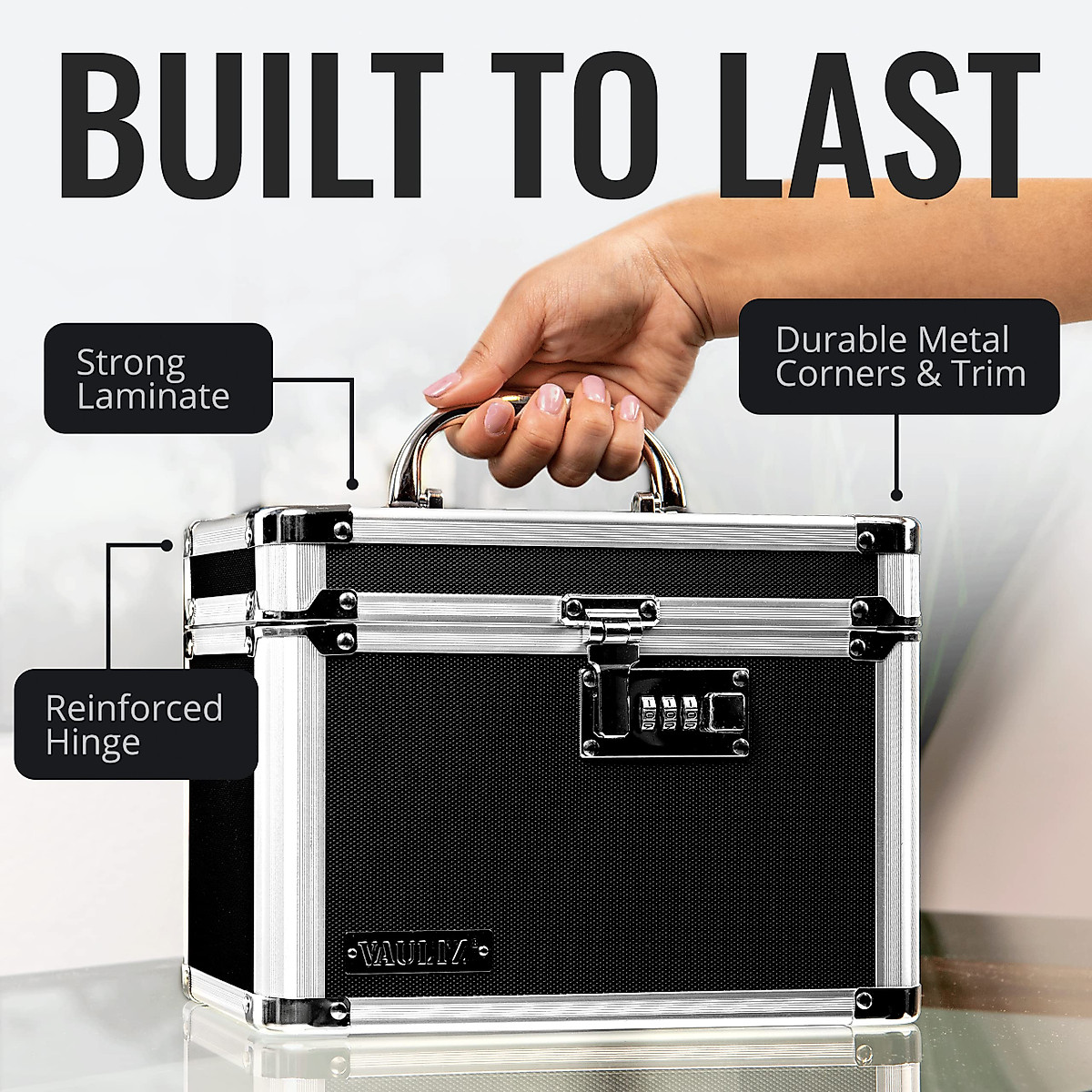 Vaultz Combination Lock Box - Pack of 1 - 10 x 7.25 x 7.75 Inch Standard Safe with Key and Combo Lock for Important Documents, Medicine & Money - BLACK