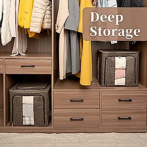 2 Pack 53L Oxford Steel Frame Storage Box for Closet Organization, Collapsible Storage Bins for Clothes blankets, Stackable Storage Boxs with Clear Windows and Handles, Brown