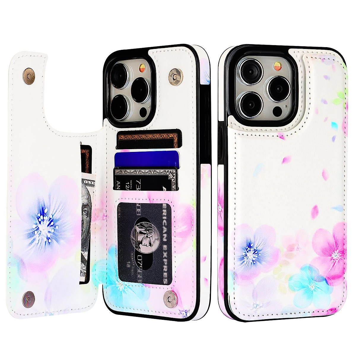 HAOPINSH for iPhone 15 Pro Max Wallet Case with Card Holder, Pale Flower Pattern Back Flip PU Leather Kickstand Card Slots Case for Girls Women, Double Magnetic Clasp Shockproof Cover 6.7"