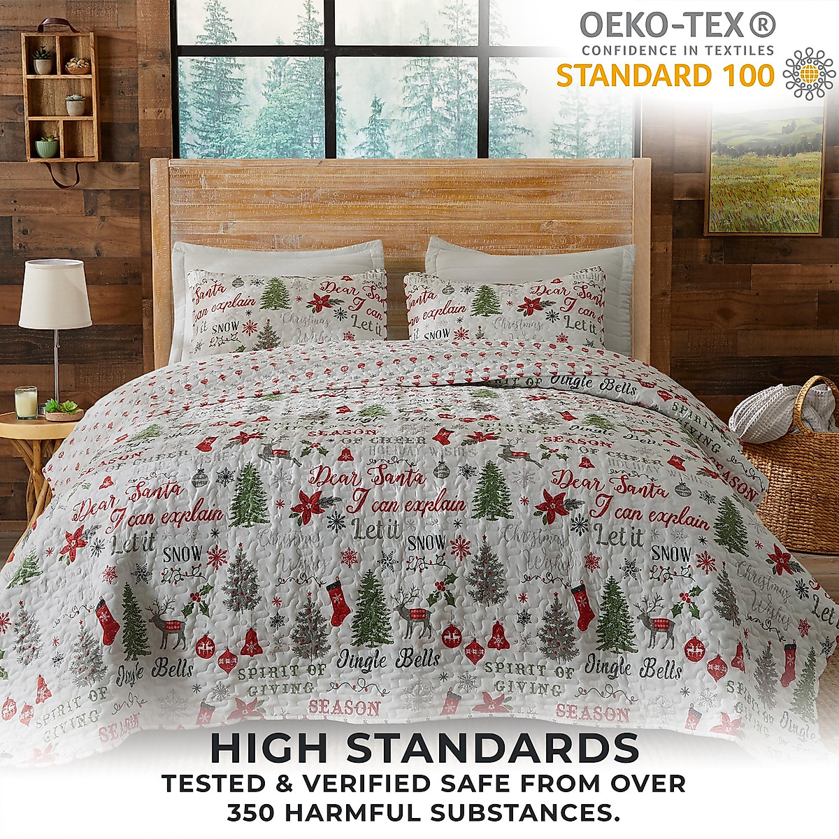 Great Bay Home 3-Piece Christmas Quilt Set with Shams. Reversible Bedspread Coverlet with Holiday Pattern. Carol Collection (Full/Queen)